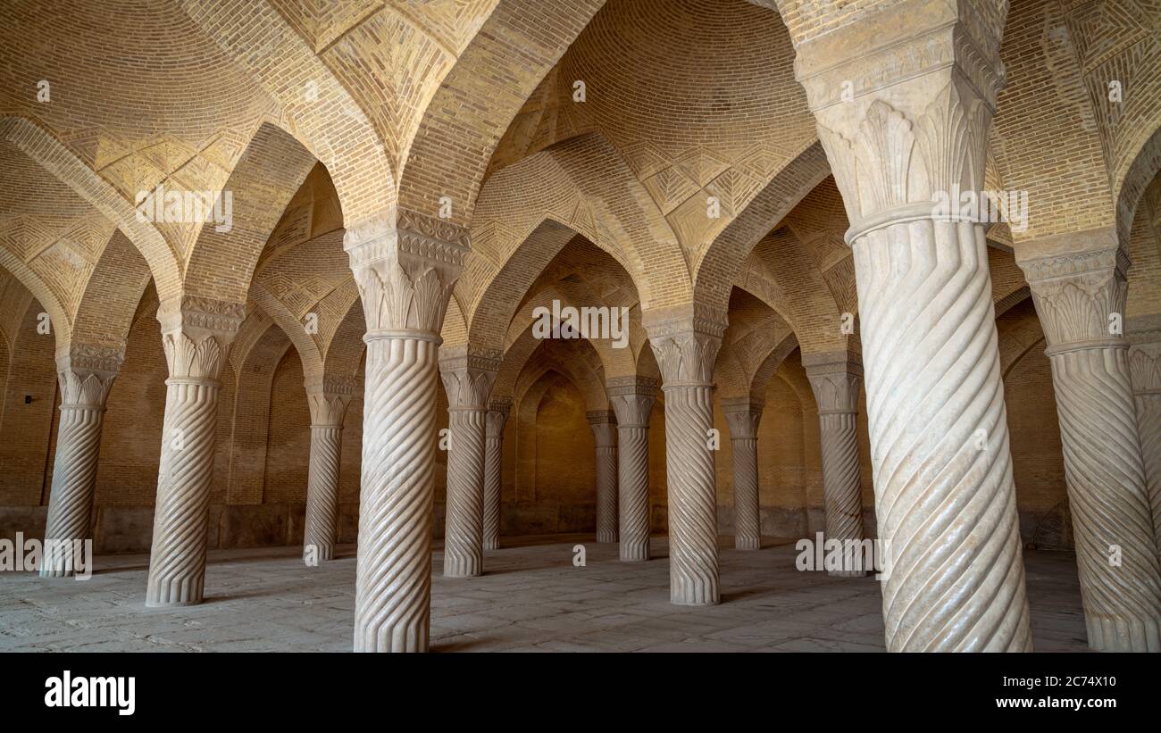Shiraz, Iran - May 2019: The prayer hall of Vakil Mosque with columns ...