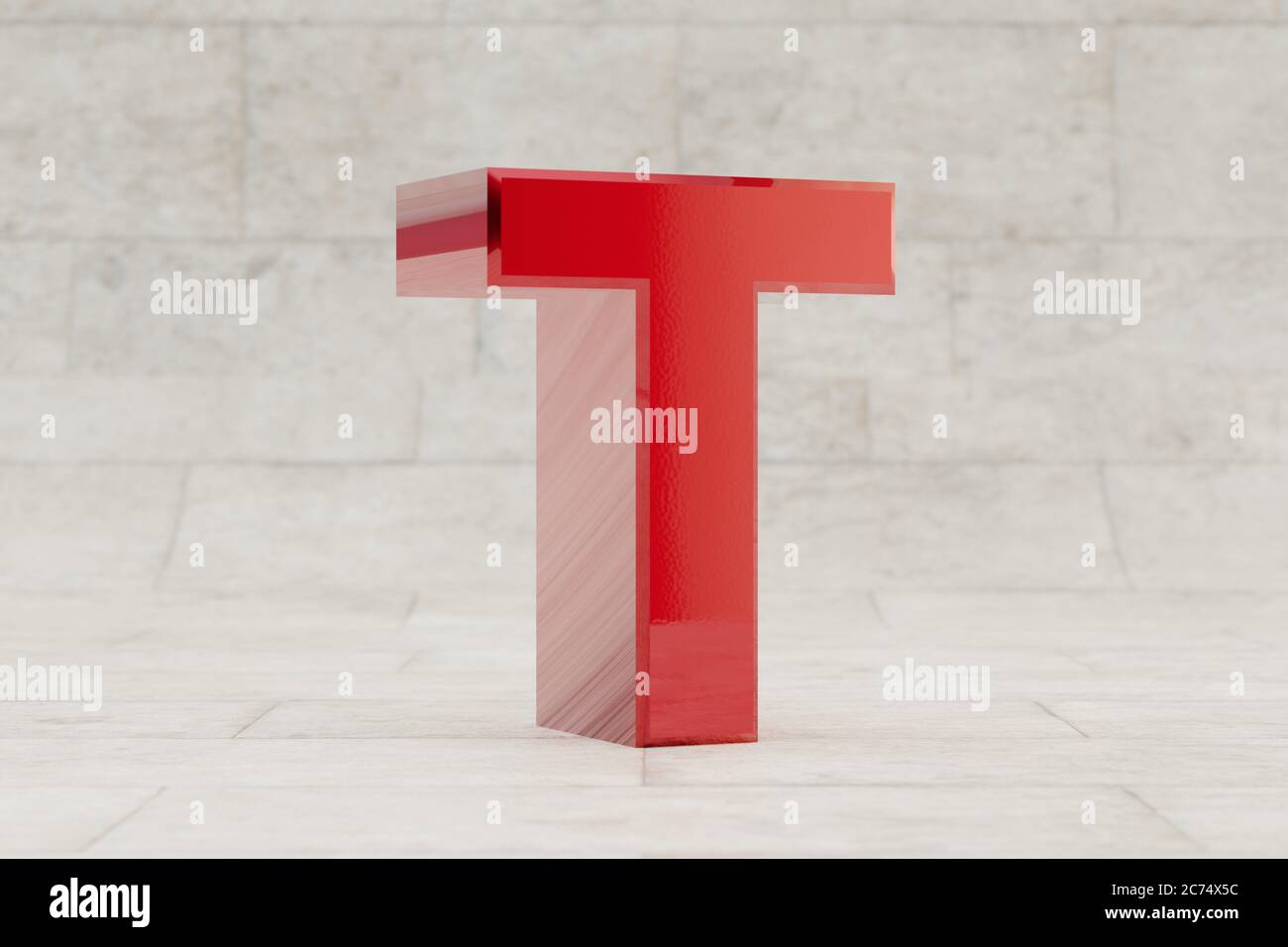 Red 3d letter T uppercase. Glossy red metallic letter on stone tile ...
