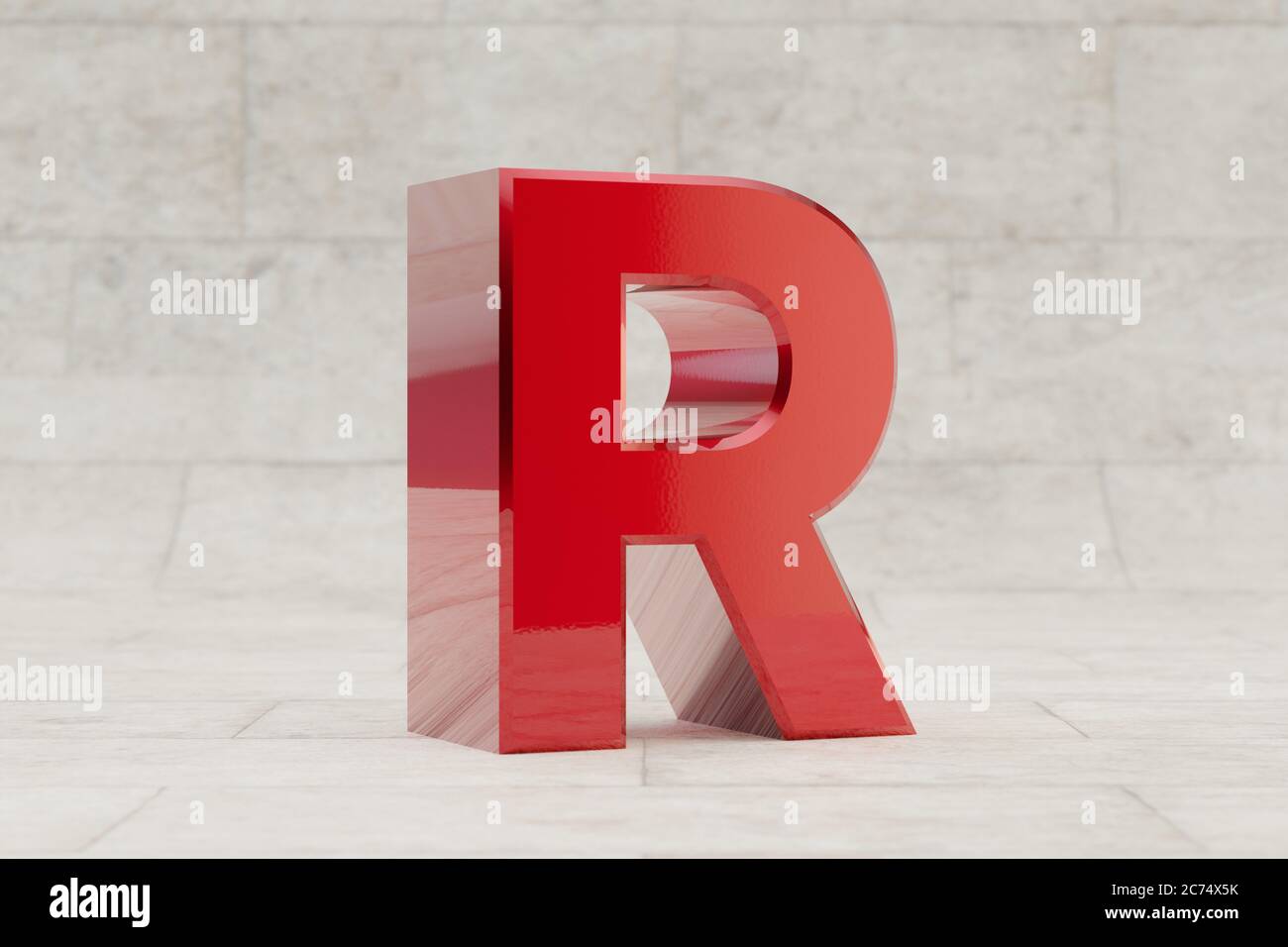 Red 3d letter R uppercase. Glossy red metallic letter on stone tile ...