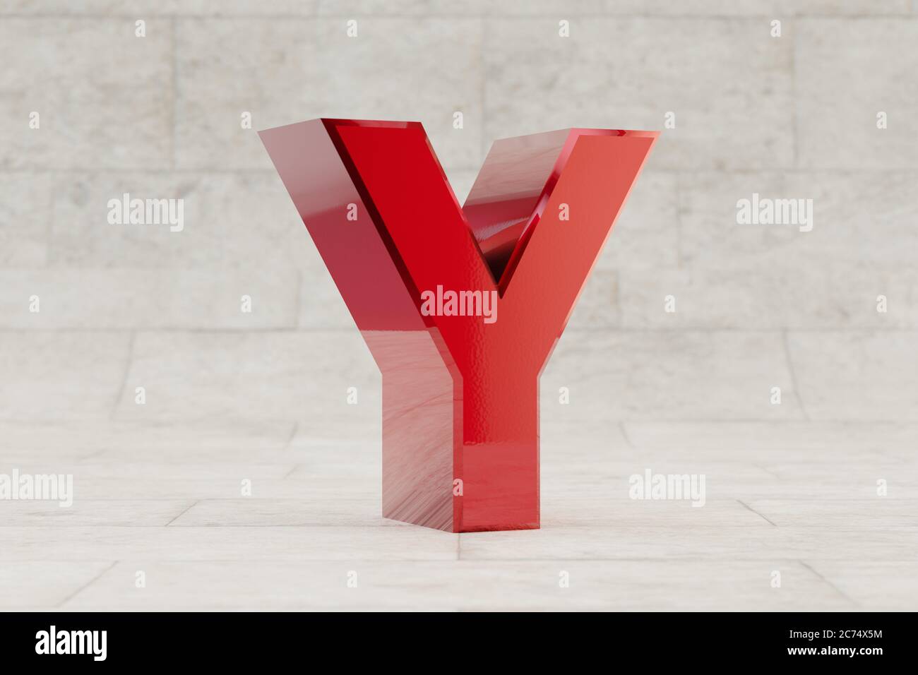 Red 3d letter Y uppercase. Glossy red metallic letter on stone tile ...