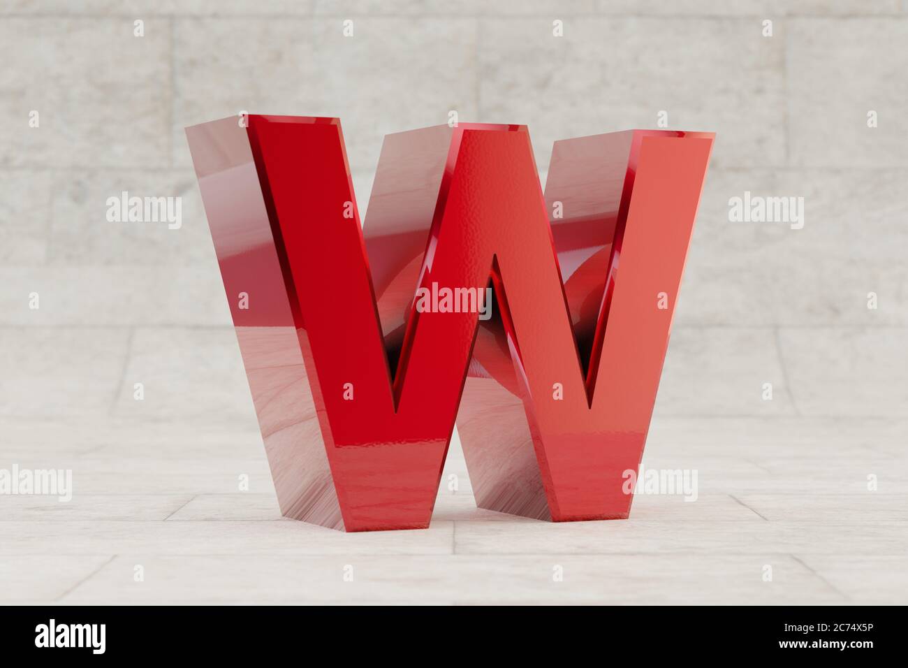 Red 3d letter W uppercase. Glossy red metallic letter on stone tile ...