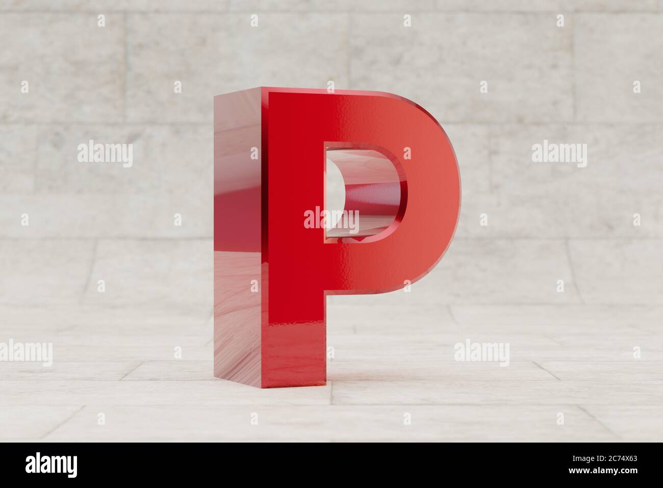 Red 3d letter P uppercase. Glossy red metallic letter on stone tile ...