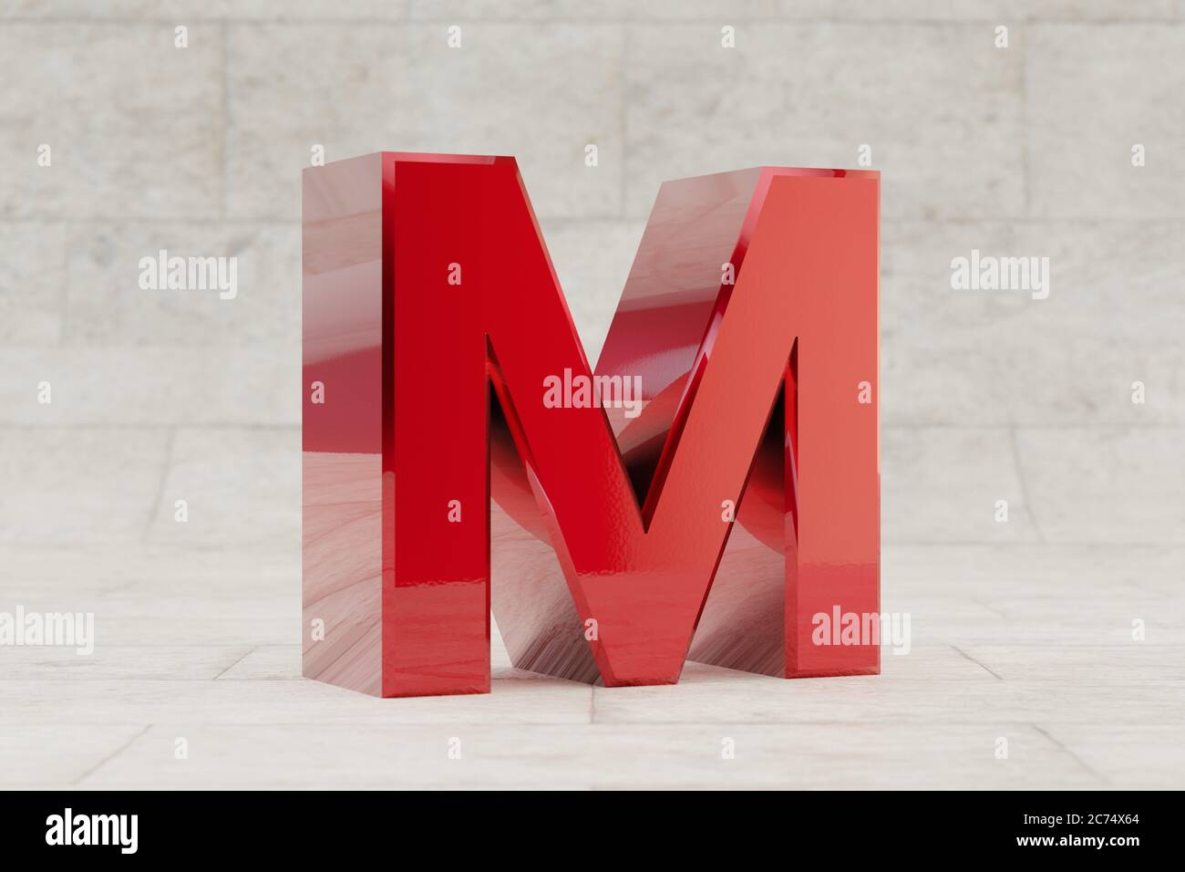 Red 3d letter M uppercase. Glossy red metallic letter on stone tile ...