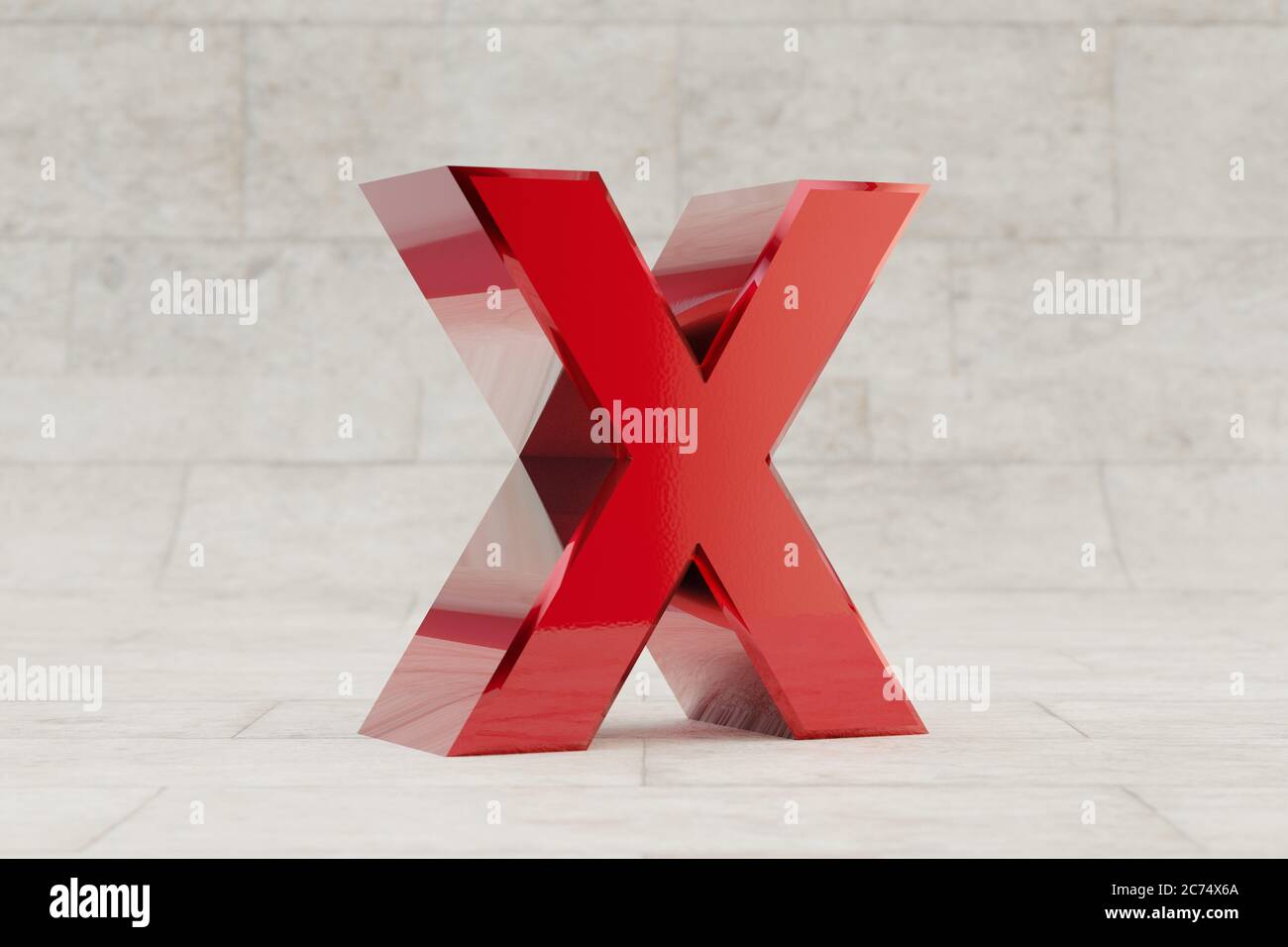Red 3d letter X uppercase. Glossy red metallic letter on stone tile ...