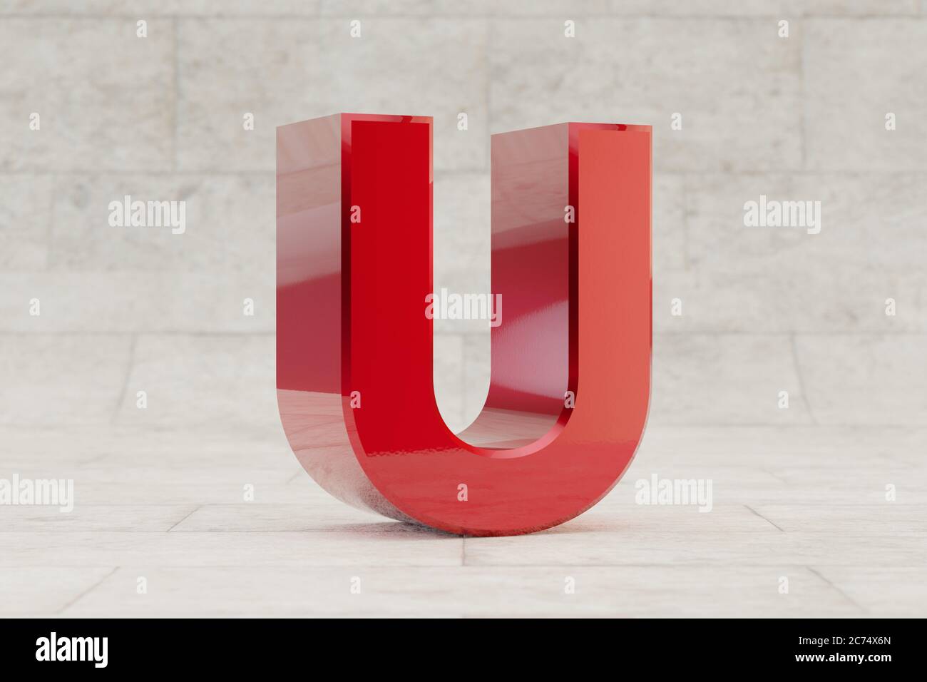 Red 3d letter U uppercase. Glossy red metallic letter on stone tile ...