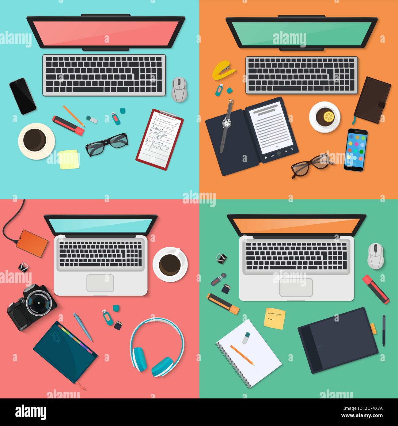 Workplace concept set. Modern gatgets top view. Flat design vector ...