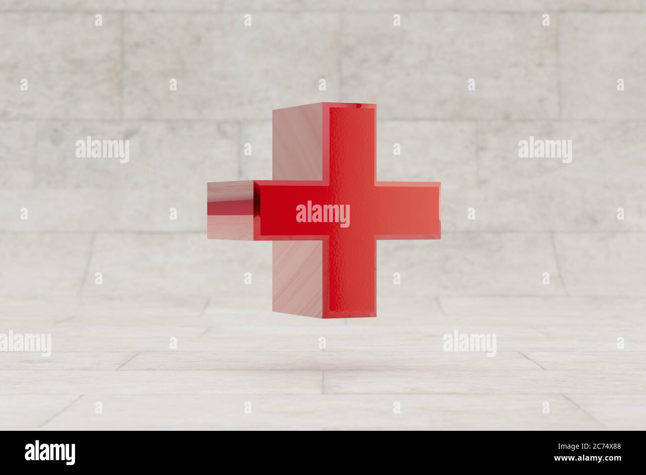 Red 3d plus symbol. Glossy red metallic sign on stone tile background ...
