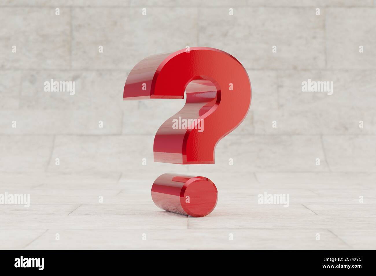 Red 3d question symbol. Glossy red metallic sign on stone tile ...