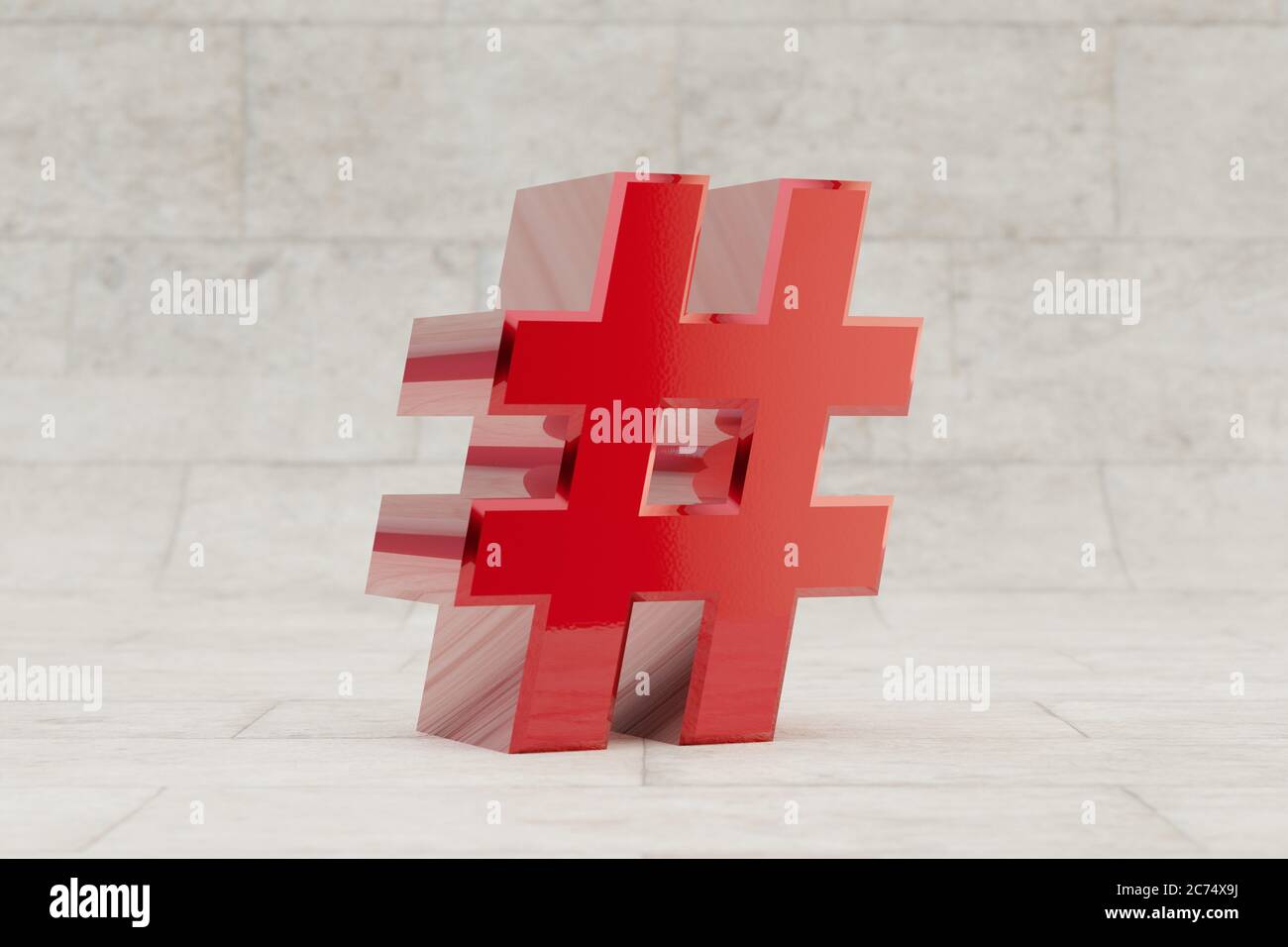 Red 3d hashtag symbol. Glossy red metallic sign on stone tile ...