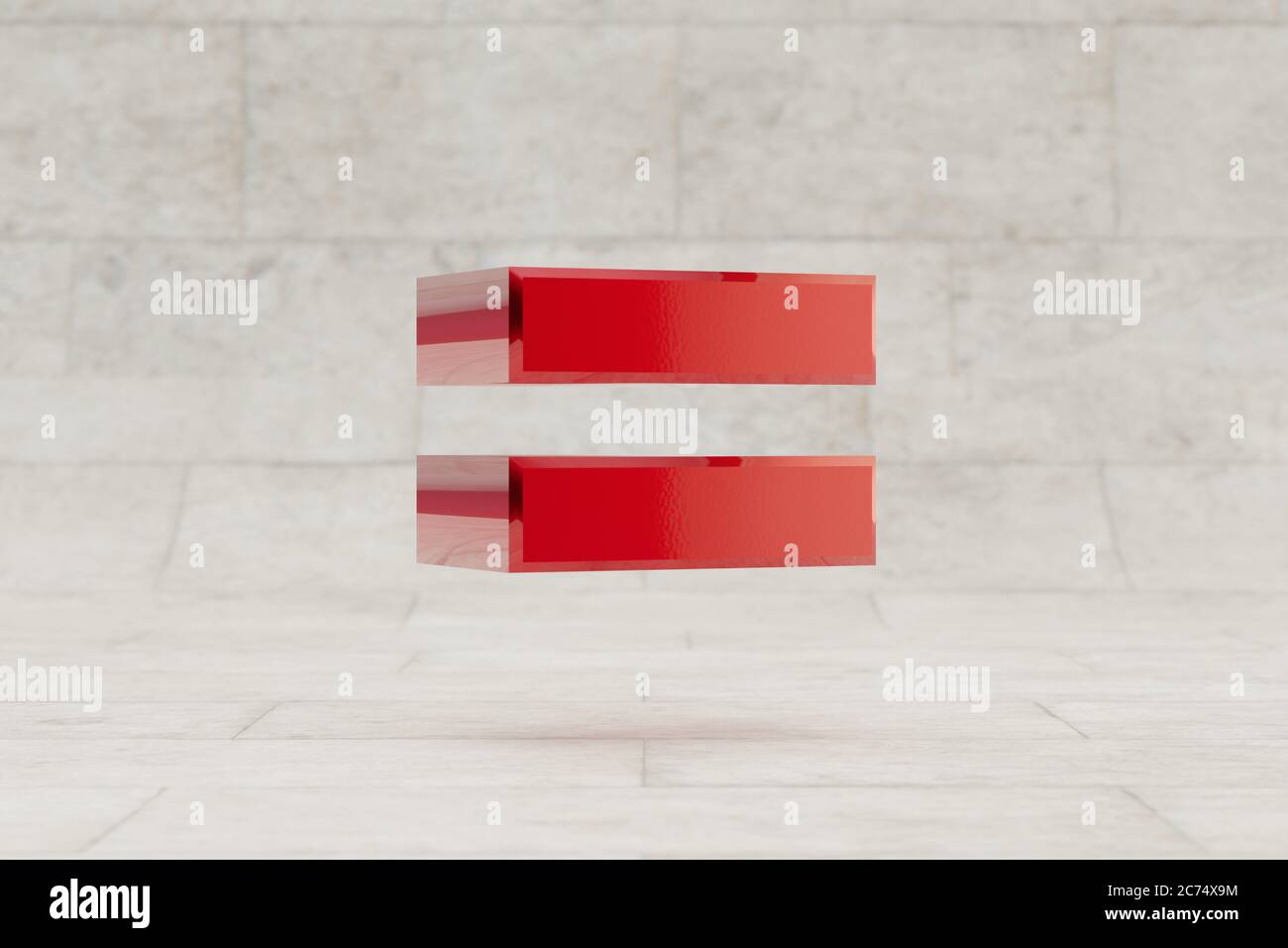 Red 3d equals symbol. Glossy red metallic sign on stone tile background ...