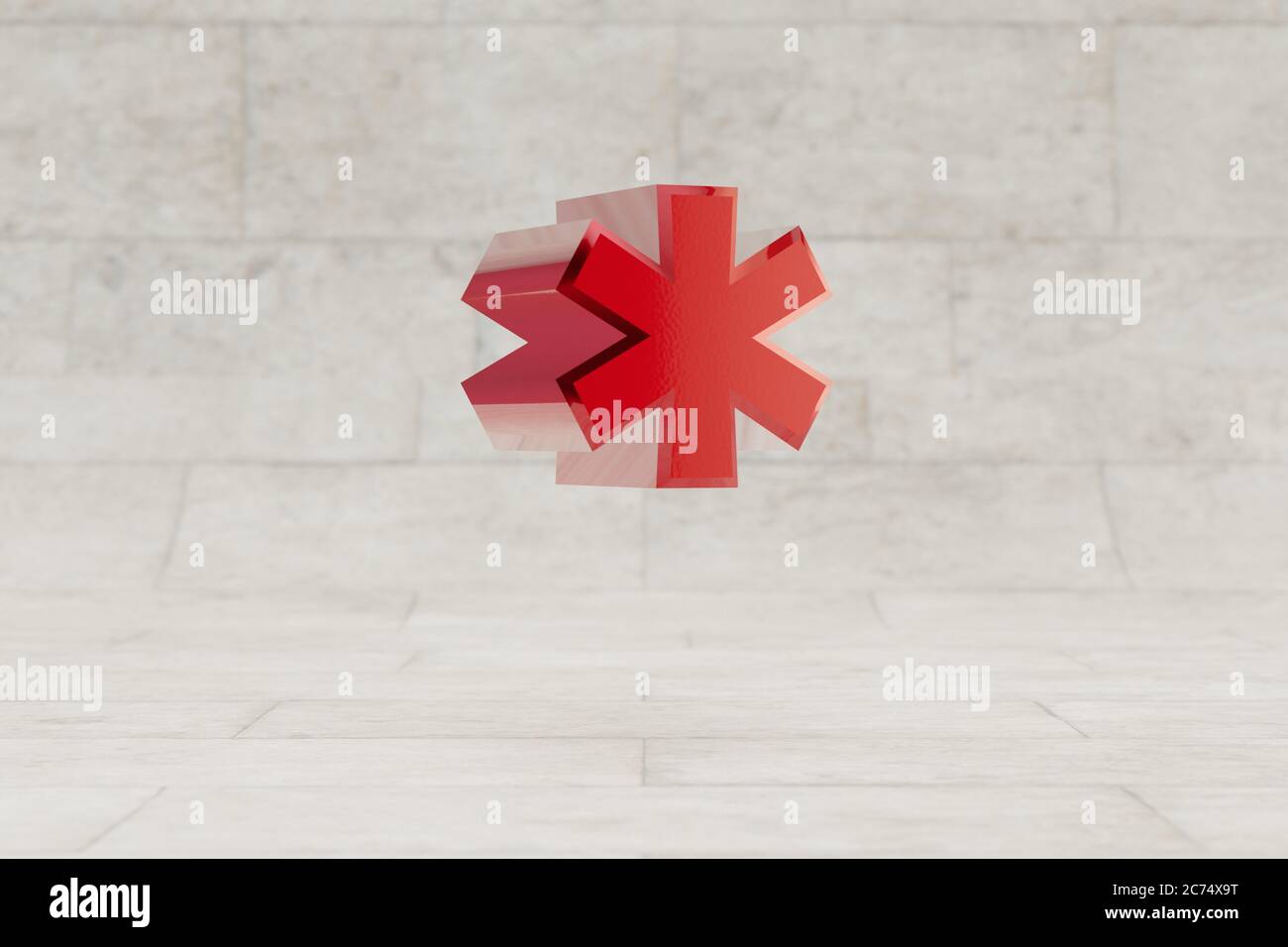 Red 3d asterisk symbol. Glossy red metallic sign on stone tile ...