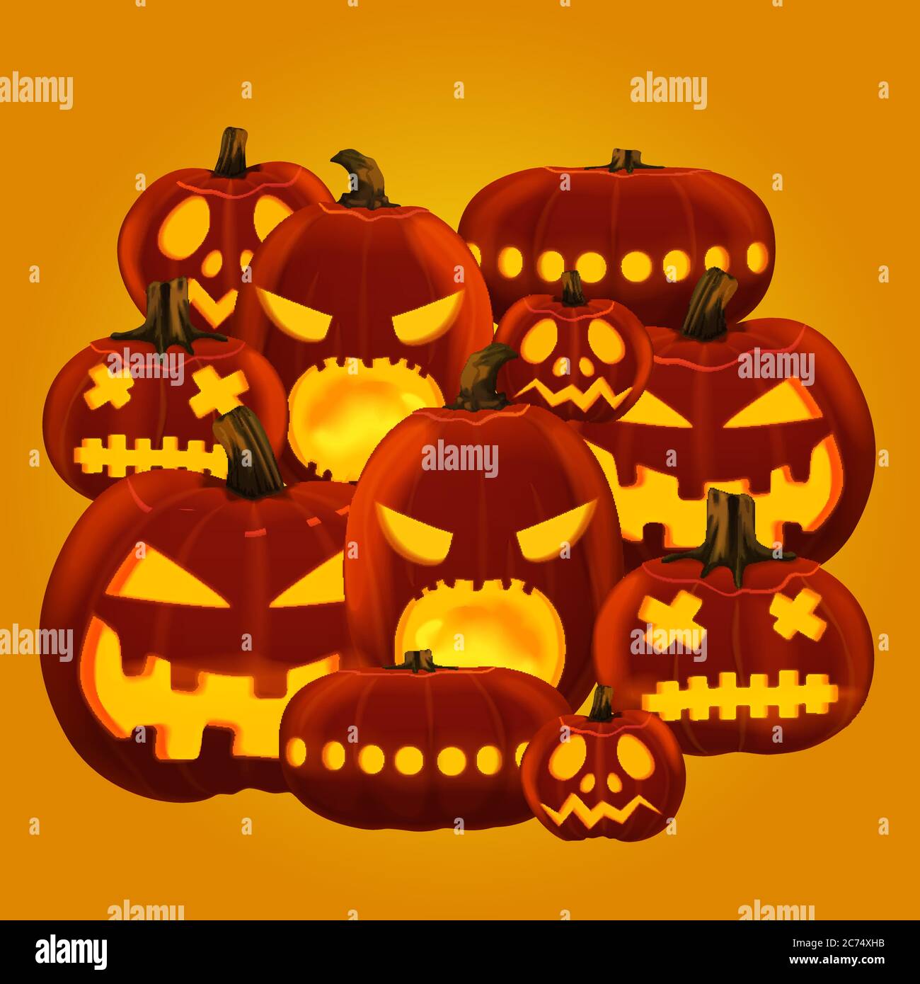 Vector illustration of horror Halloween pumpkin lanterns with different ...