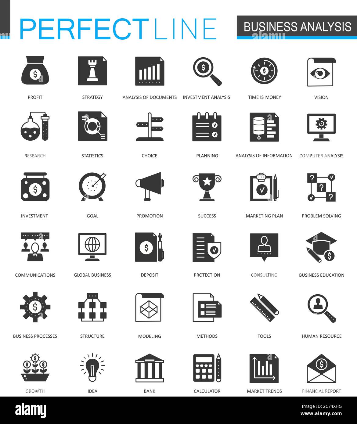 Black classic business analytics icons set isolated Stock Vector Image ...
