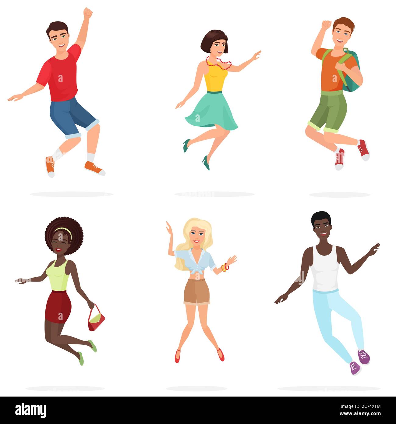 Happy group of multi ethic teen friends jumping. Cartoon people ...