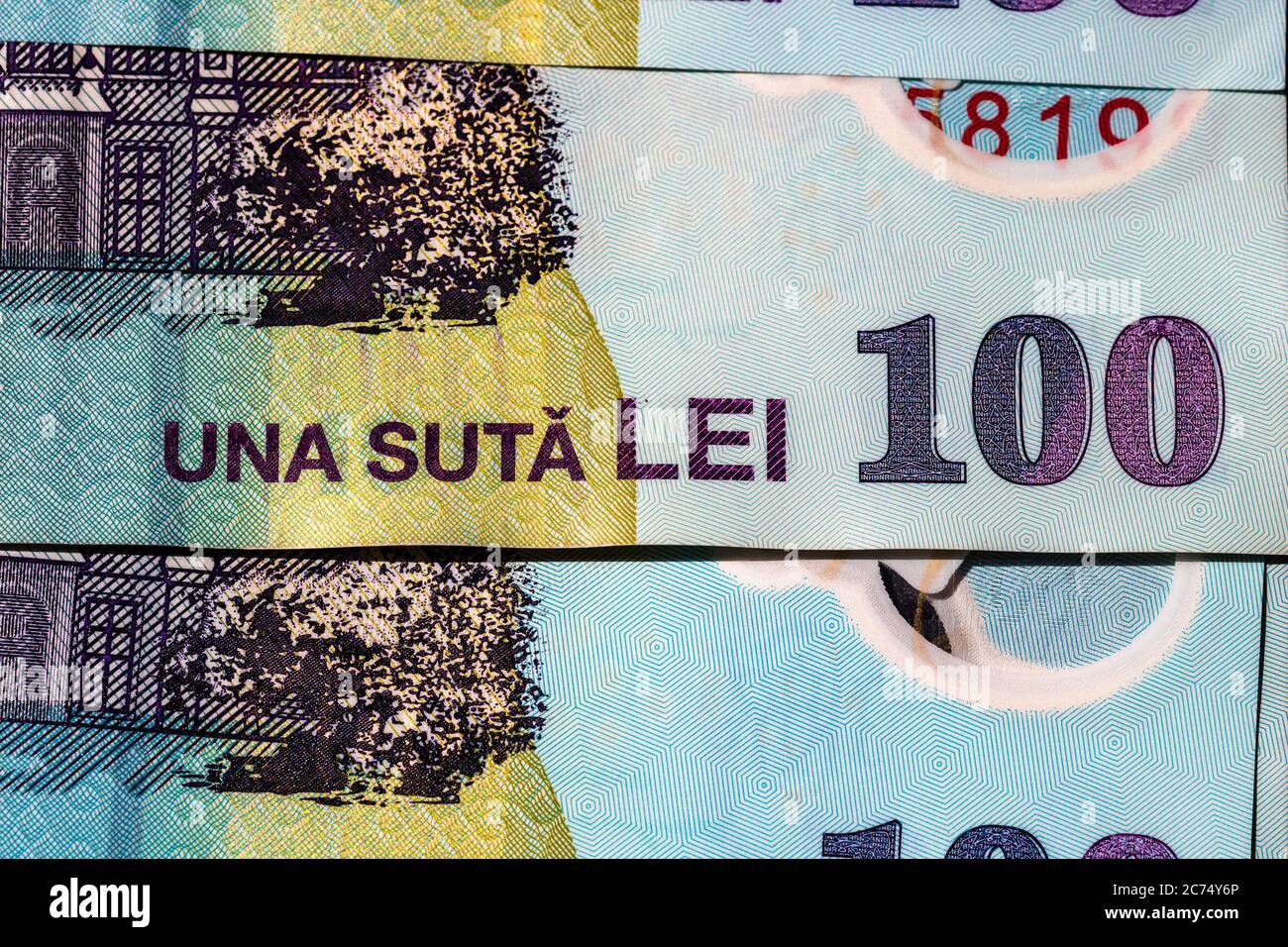 Selective focus on detail of lei banknotes. Close up macro detail of ...