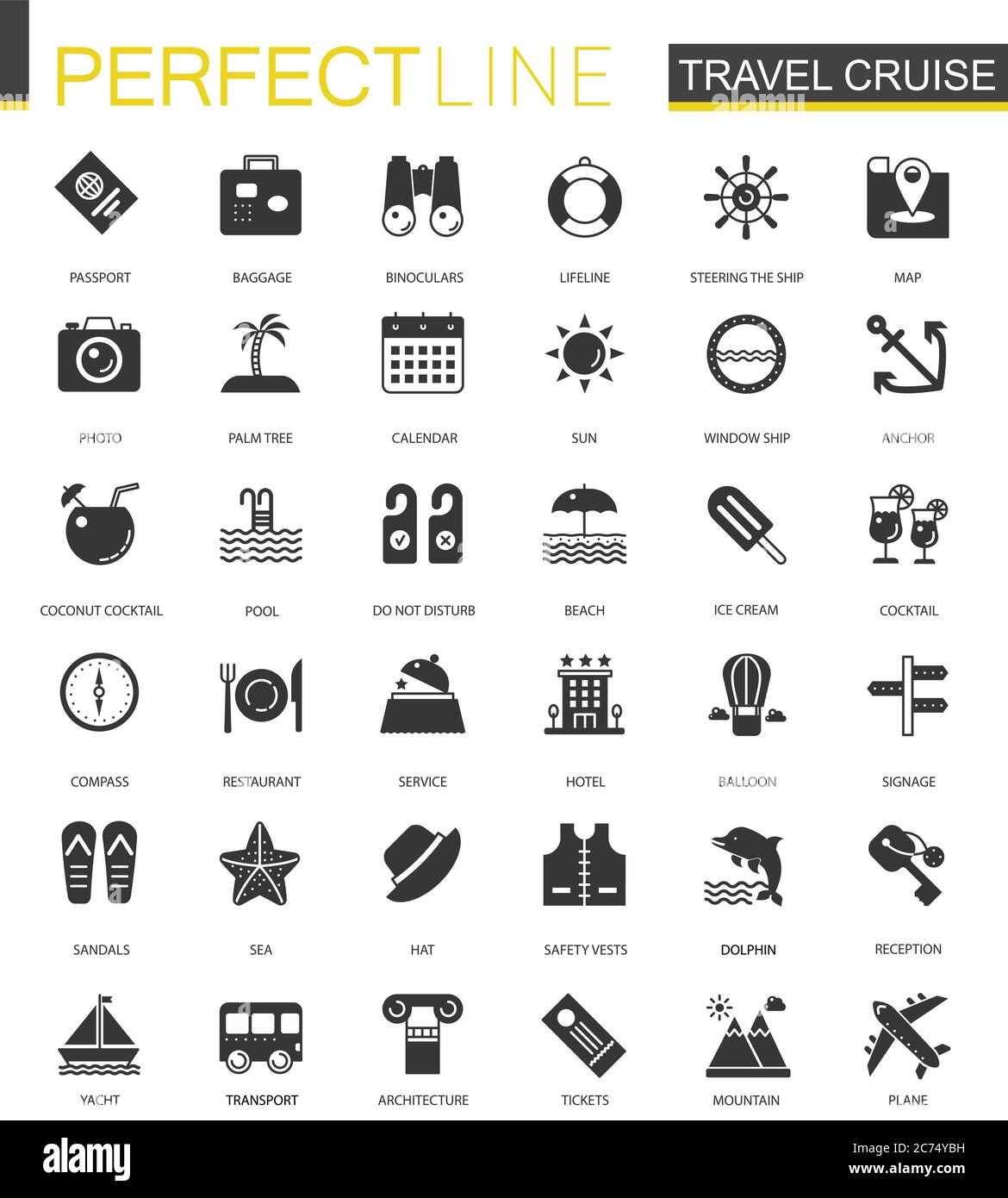 Black classic Travel cruise, vacation activity icons set isolated Stock ...