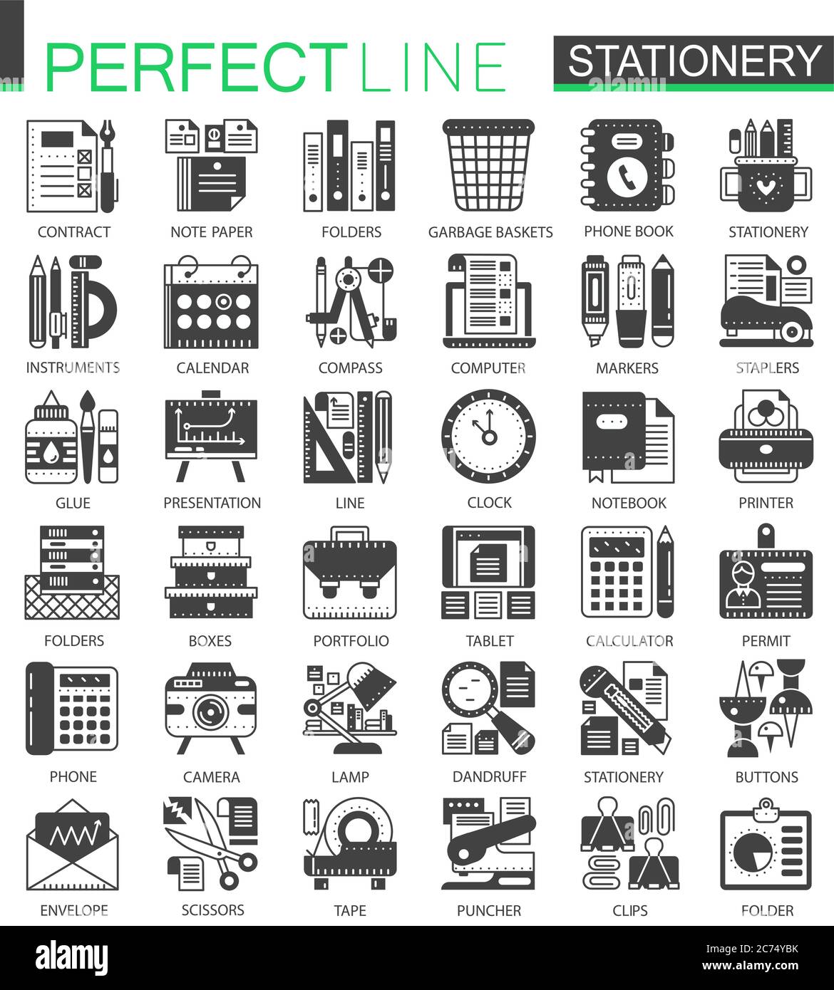 Stationery black mini concept symbols. Office tools modern icon ...