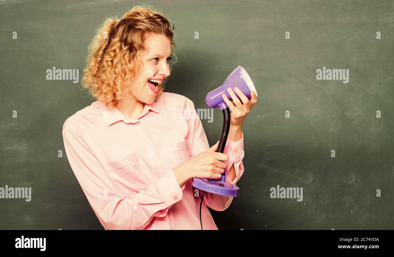 Light up process of studying. Teacher woman hold table lamp chalkboard ...