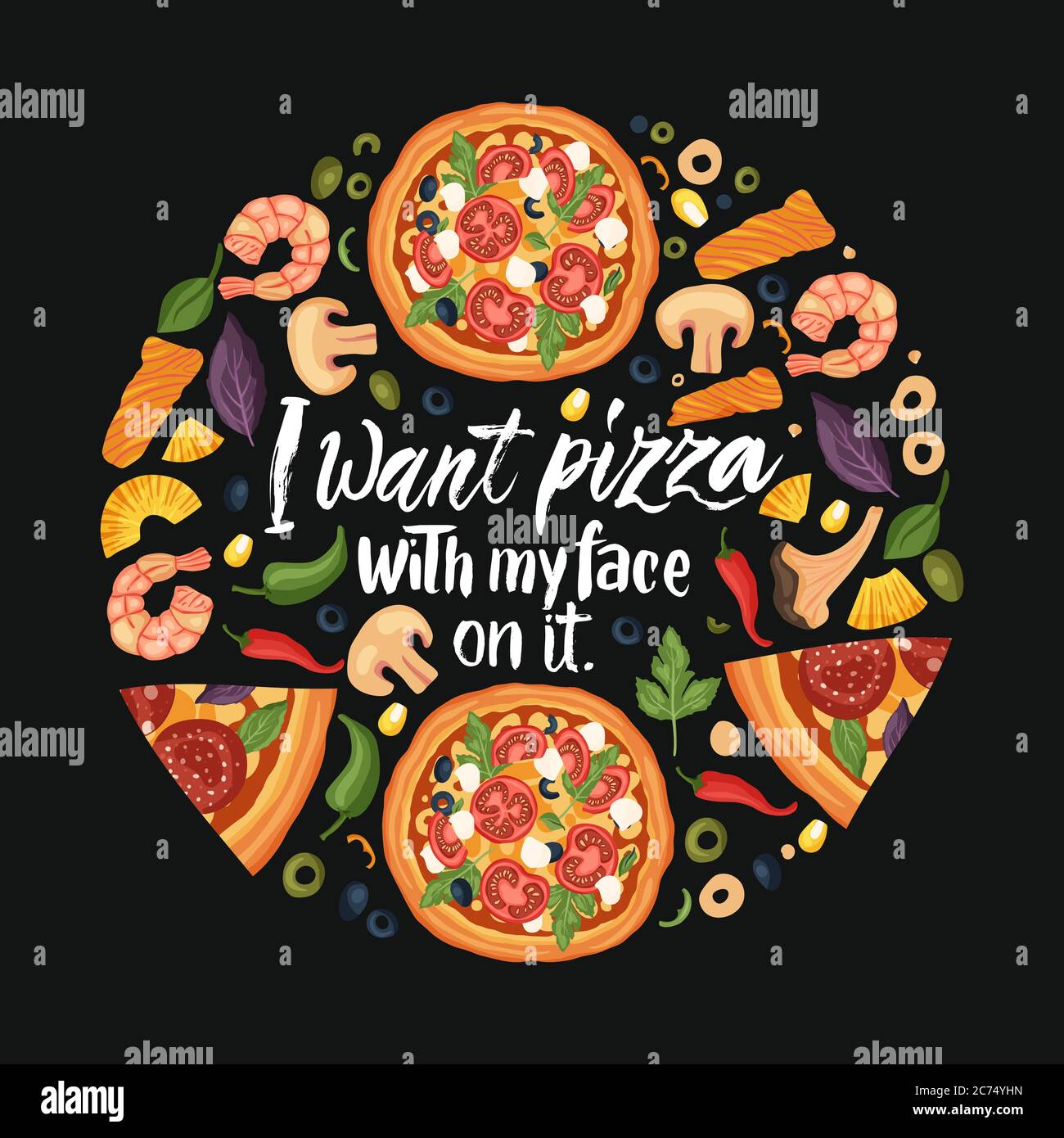 Hand drawn lettering food tasty pizza poster illustration. Isolated ...