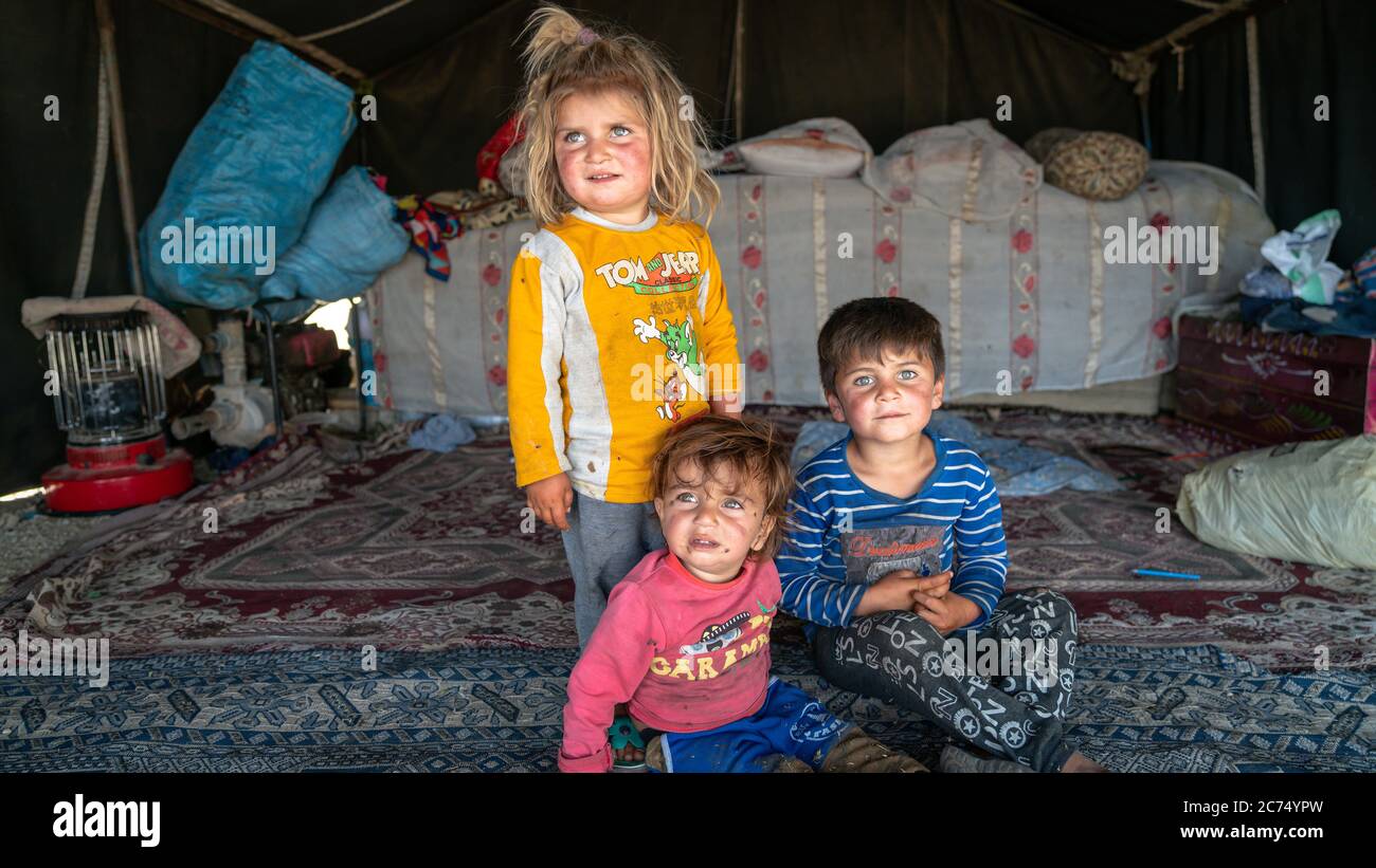 Shiraz, Iran - May 2019: Qashqai Turkish nomadic children inside a tent ...