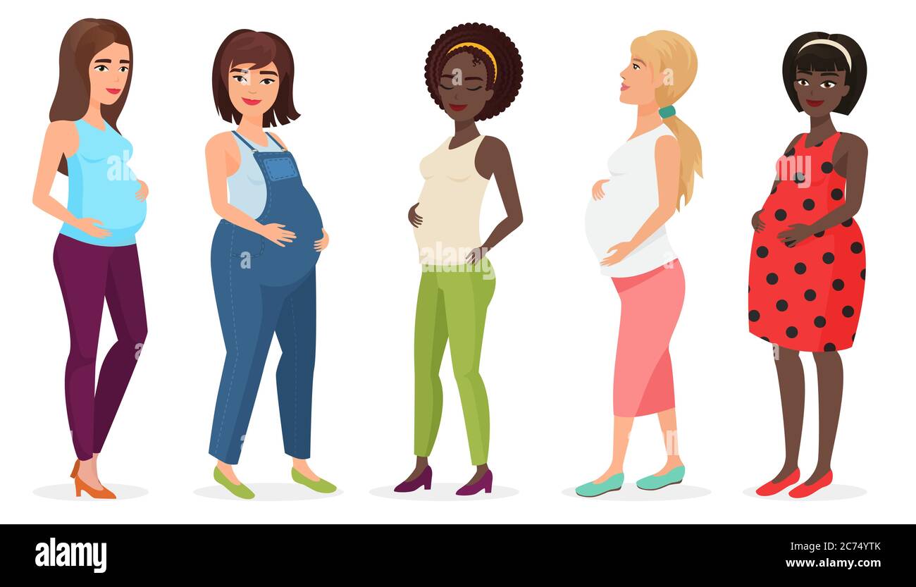 Pregnant fashion set. Happy woman mom expecting baby in dresses ...