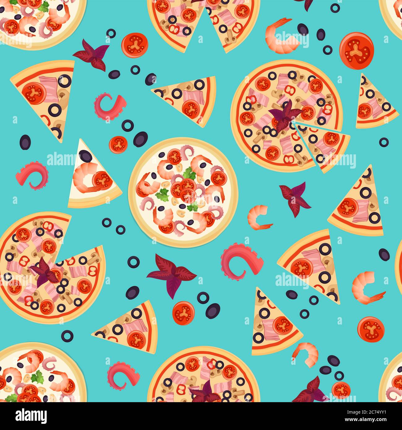Vector Seamless texture of Pizza Slices with various ingredients Stock ...