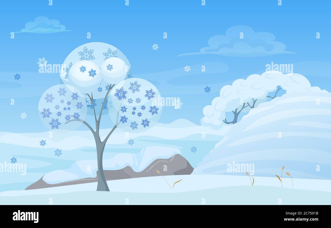 Vector illustration of tree in winter forest with snowflakes. Winter ...