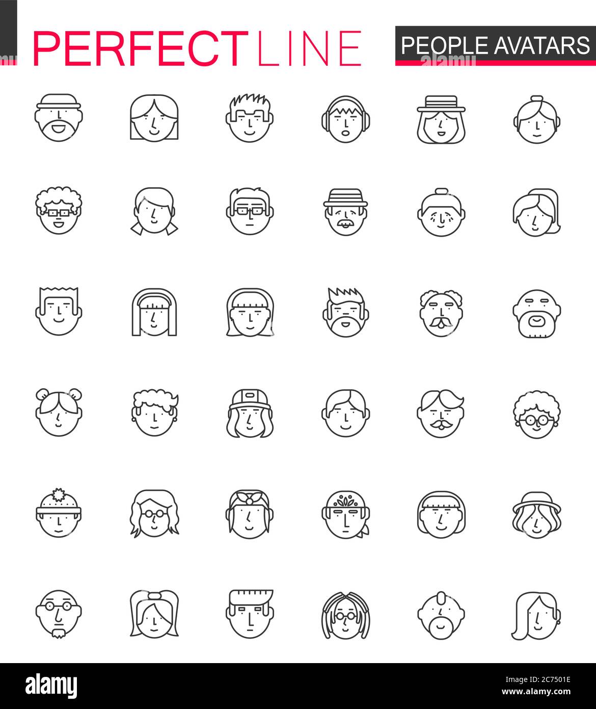 Avatar thin line web icons set. People head avatars outline stroke ...
