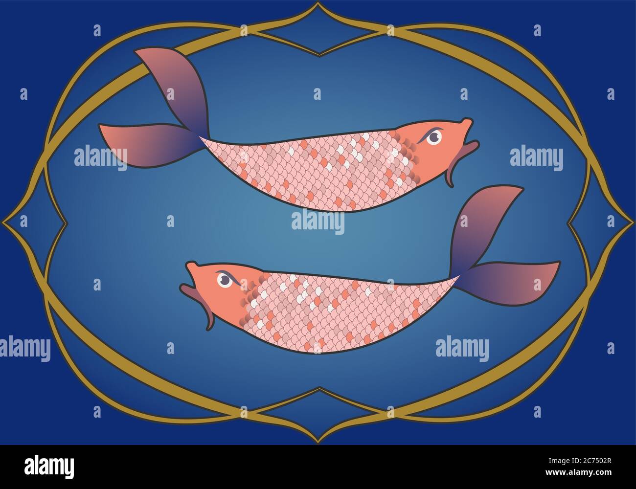 Zodiac Sign. Pisces. Two fish inside in an ornamental frame. Medieval ...