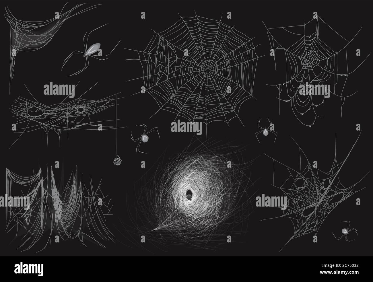 Set of different thin spider web on black background Stock Vector Image ...
