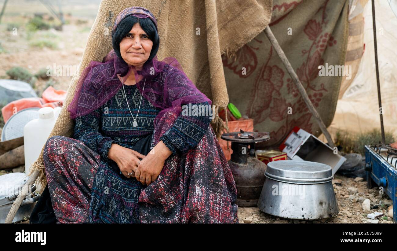 Shiraz, Iran - May 2019: Qashqai nomadic woman by her tent. The Qasqhai ...