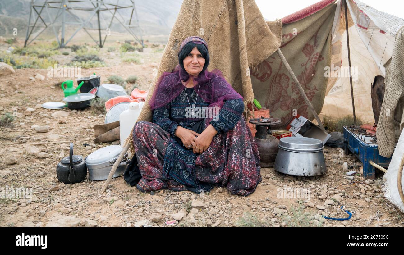 Shiraz, Iran - May 2019: Qashqai nomadic woman by her tent. The Qasqhai ...