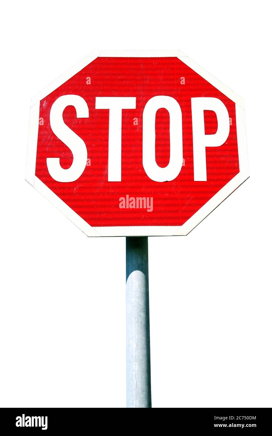 Red stop sign signpost cut out and isolated on a white background stock ...