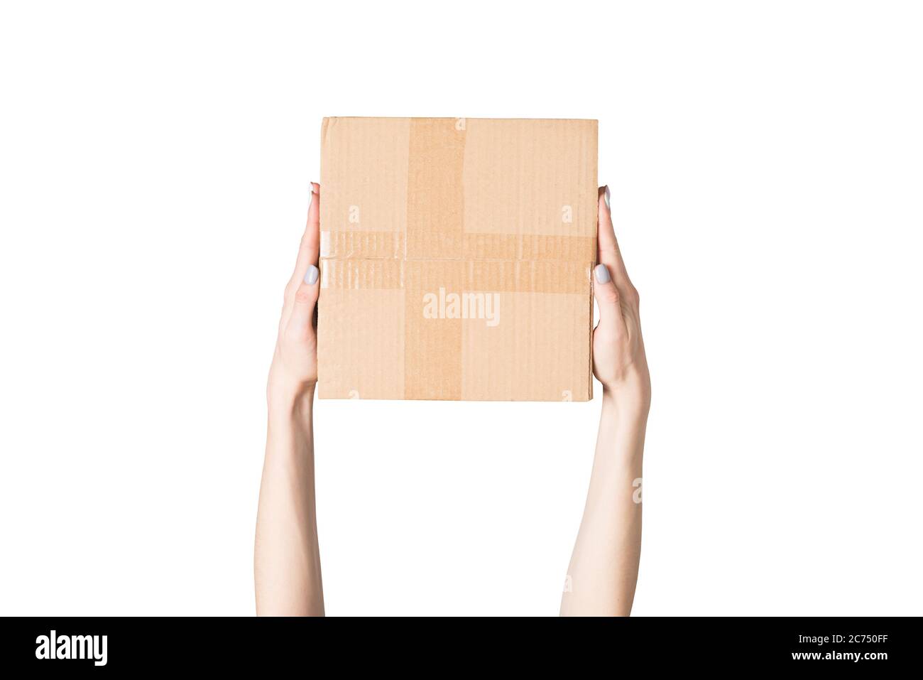 Parcel in female hands. Top view. Isolate Stock Photo - Alamy