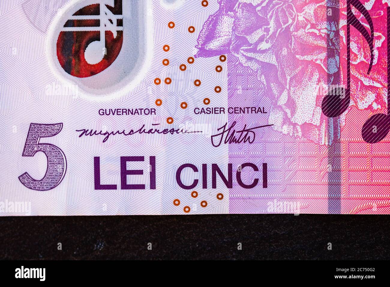 Selective focus on detail of lei banknotes. Close up macro detail of ...