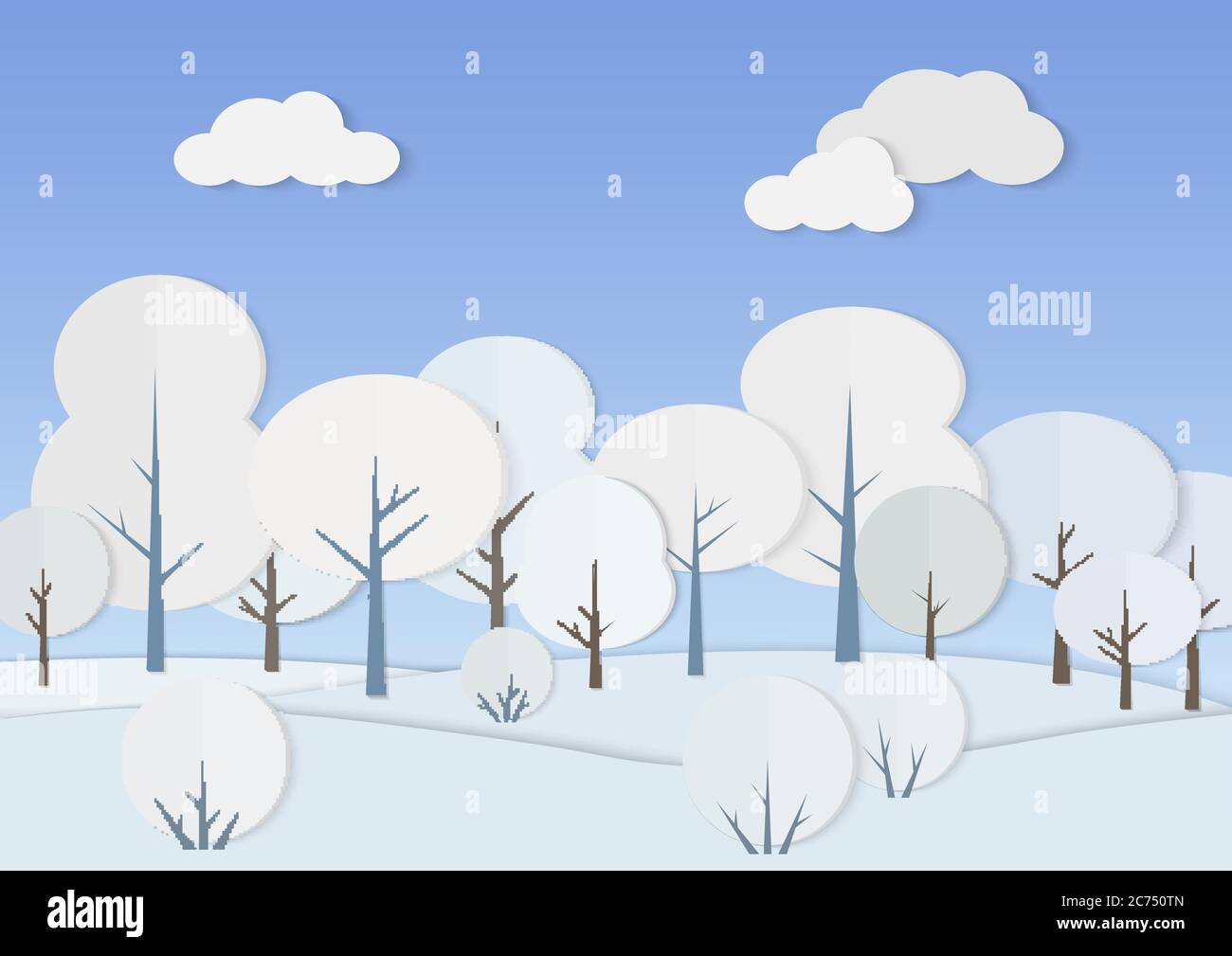 Vector illustration of cardboard paper forest with trees and bushes in ...