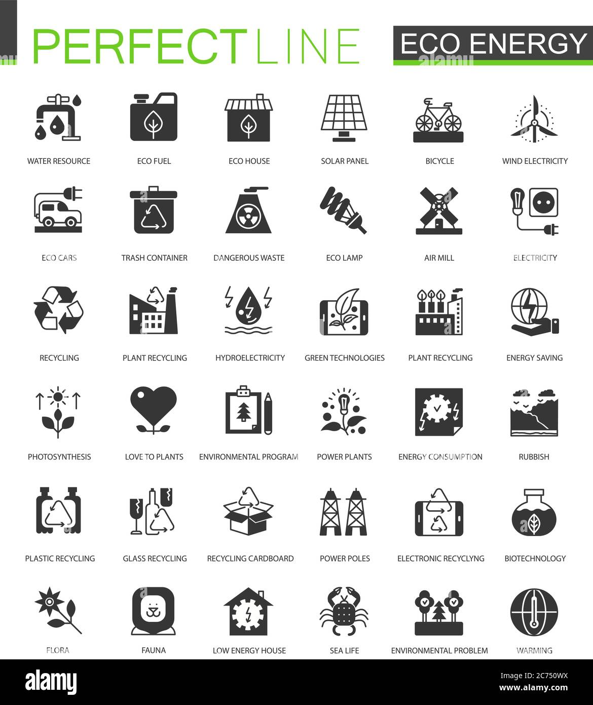 Black classic eco renewable energy. Green technology icons set Stock ...