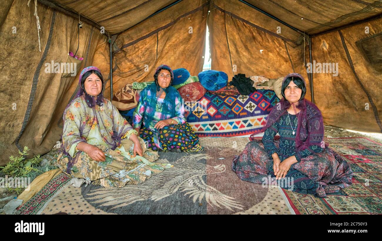 Shiraz, Iran - May 2019: Qashqai nomadic women inside a tent. The ...