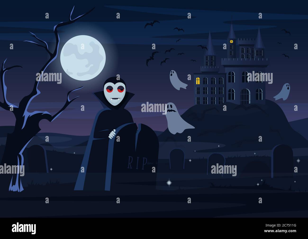 Vector illustration of spooky vampire and ghosts flying at castle at ...