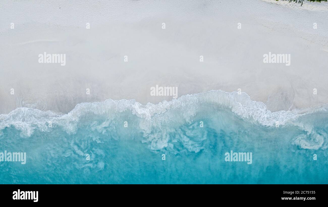 Seychelles beach Indian ocean from drone, shore and mountains Stock ...