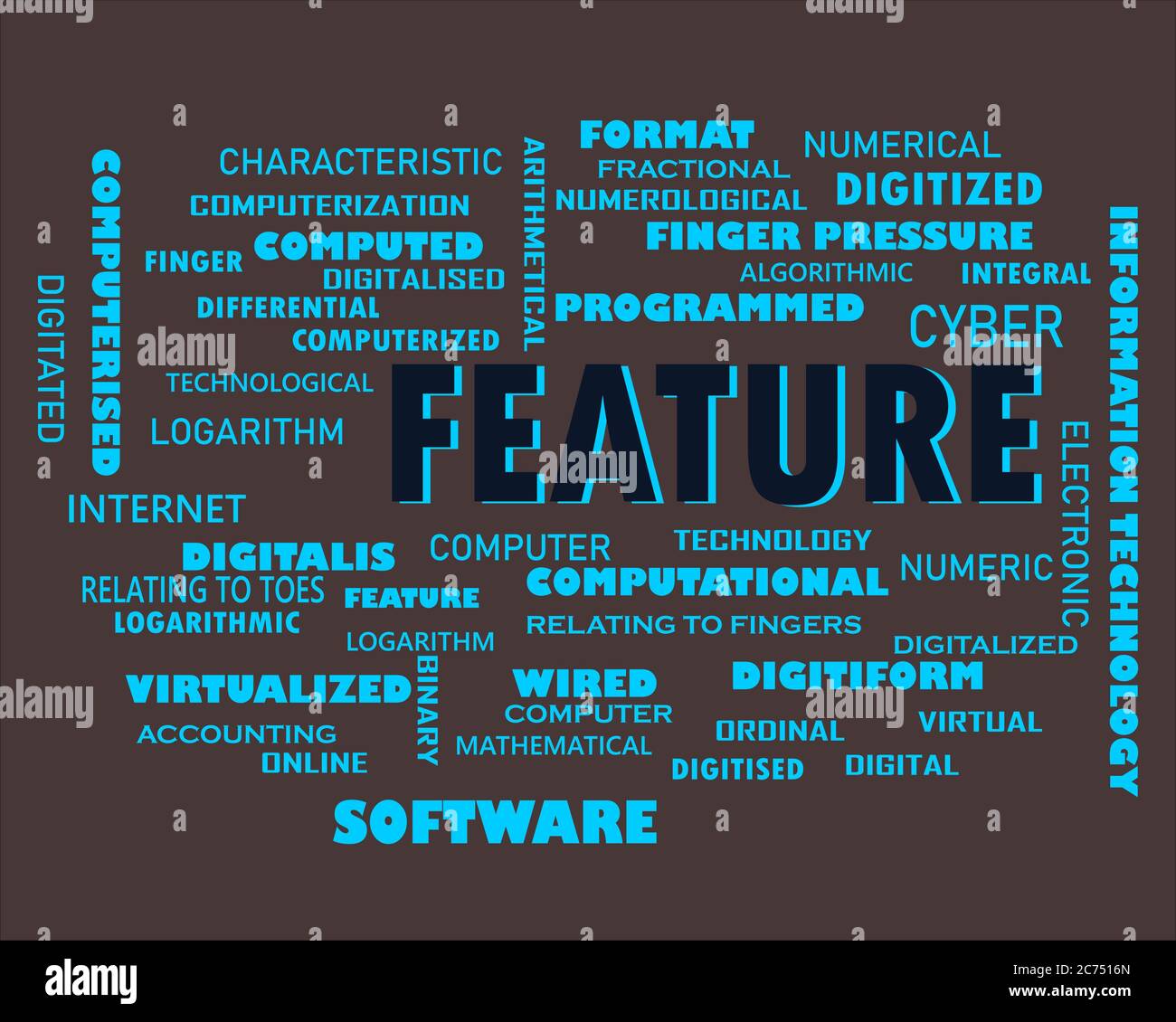 Feature An technological word displayed on related word cloud in blue ...