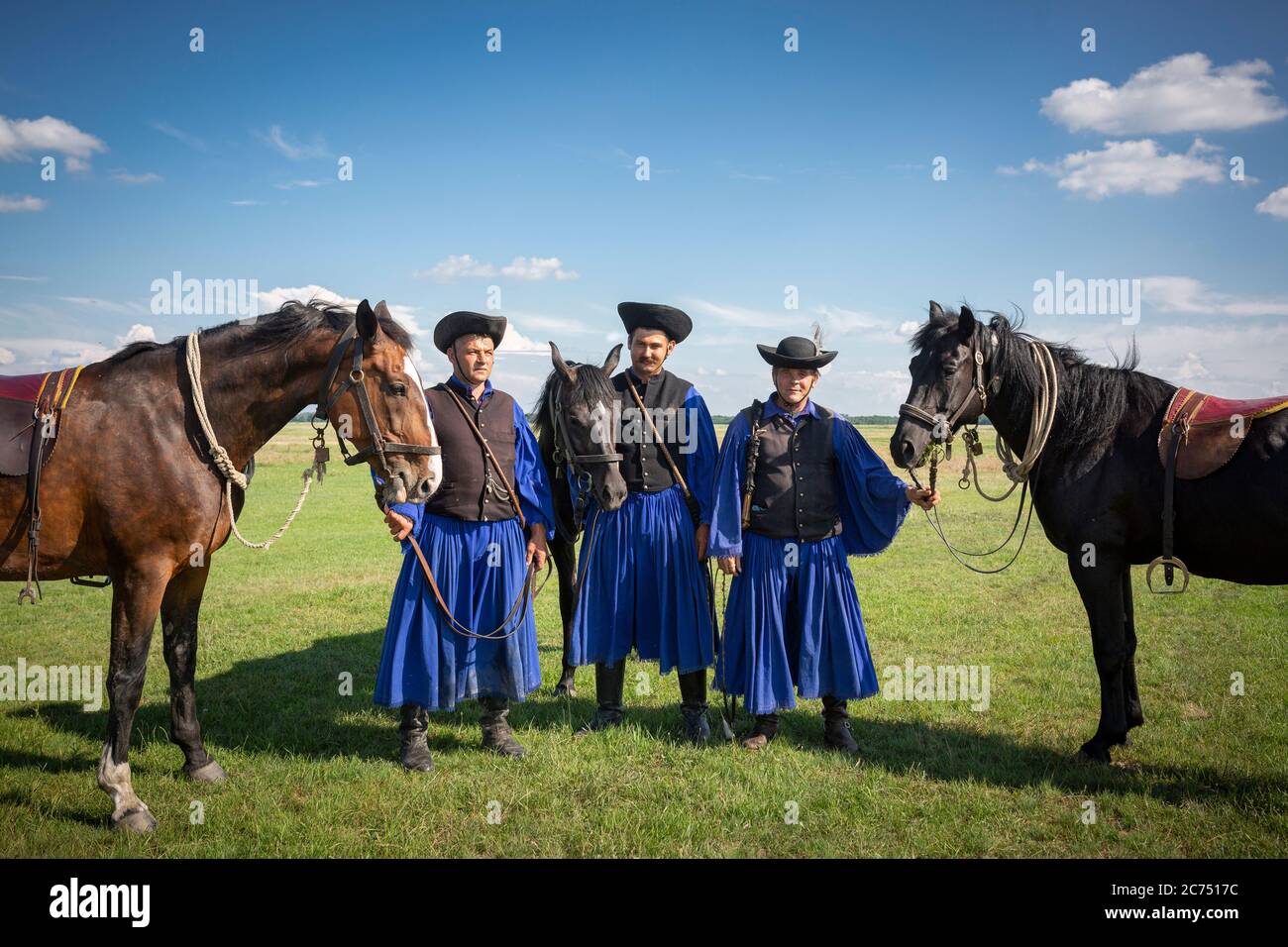 Three traditional Hungarian wranglers (horsemen) from the Hortobagy ...