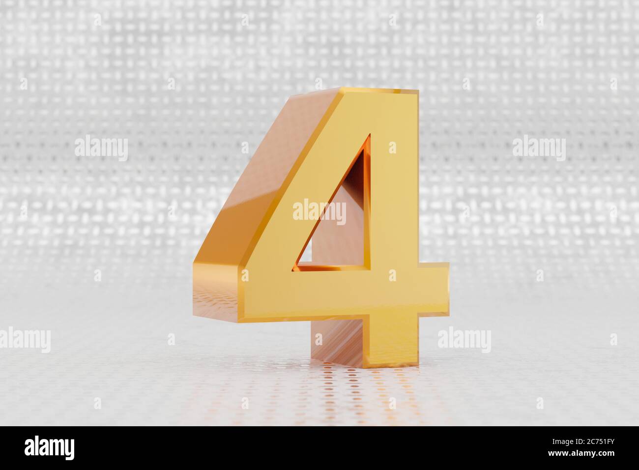 Yellow 3d number 4. Glossy yellow metallic number on metal floor ...