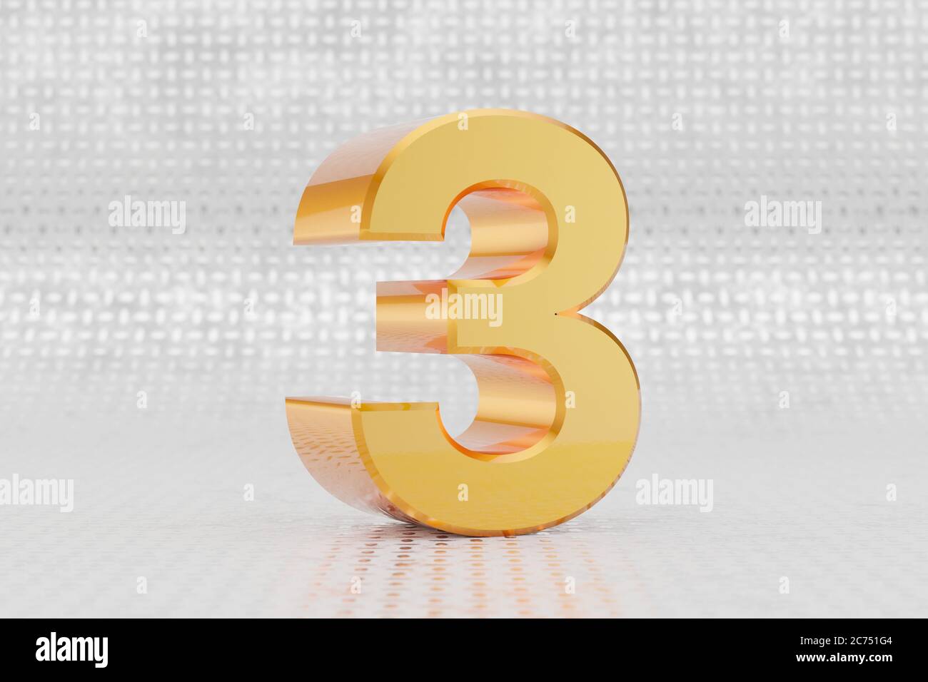Yellow 3d number 3. Glossy yellow metallic number on metal floor ...
