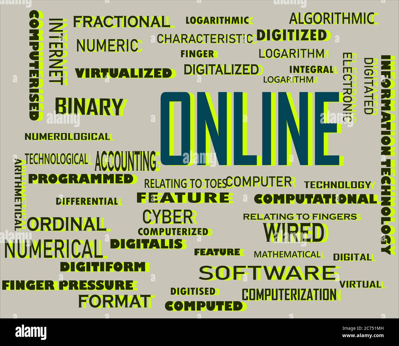 Online a technological word displayed on related word cloud in blue ...