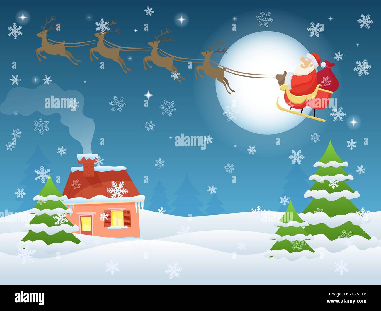 Vector illustration of Santa Claus flying over house and trees at night. Christmas eve landscape ...