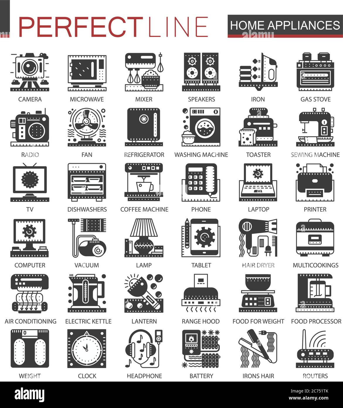 Home appliances classic black mini concept symbols. Household modern ...