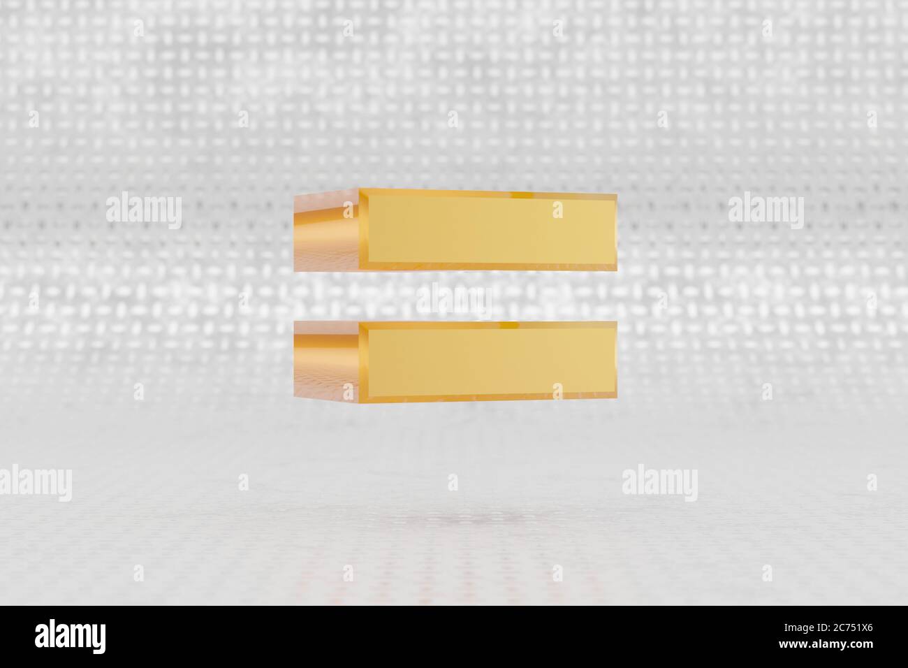 Yellow 3d equals symbol. Glossy yellow metallic sign on metal floor ...