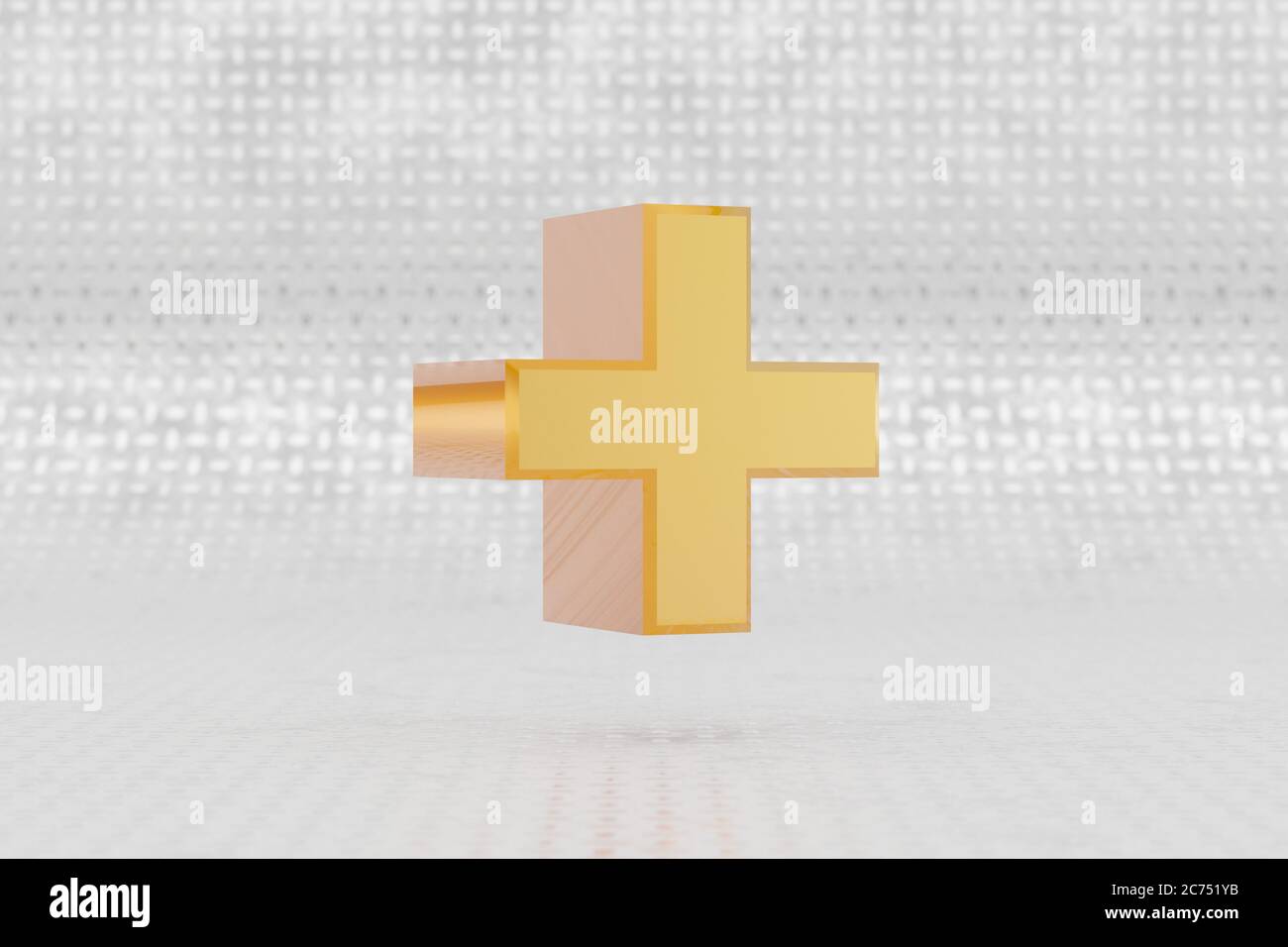 Yellow 3d plus symbol. Glossy yellow metallic sign on metal floor ...