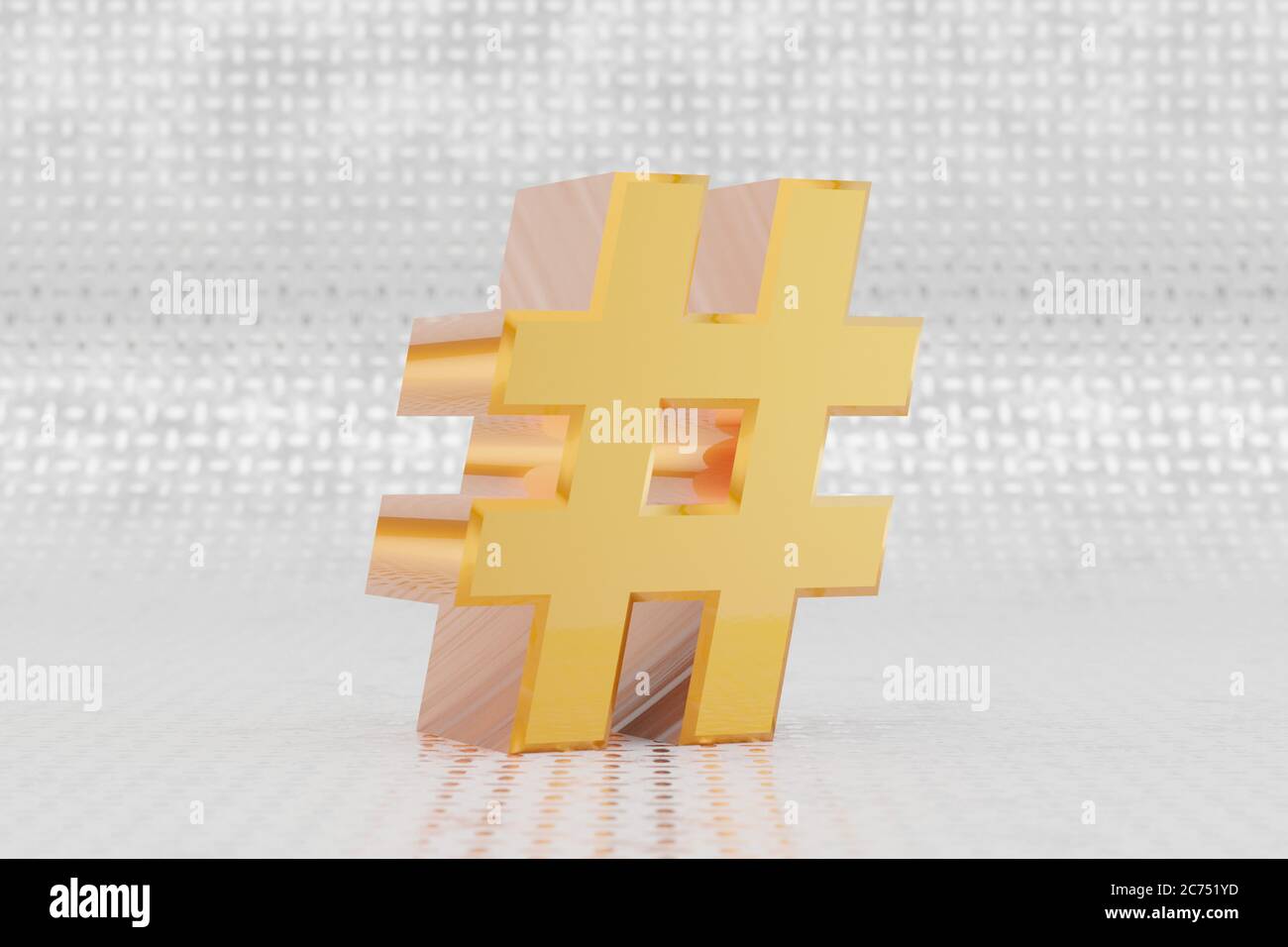 Yellow 3d hashtag symbol. Glossy yellow metallic sign on metal floor ...
